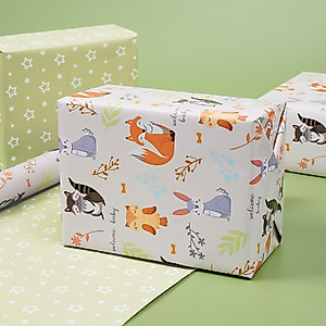 Tyzarglef Reversible Baby Shower Wrapping Paper - Mini Roll for Baby Boys Girls - 17 Inch X 33 Feet - Woodland Animals & Welcome Baby Design for Baby Shower, Birthday Party, Holiday