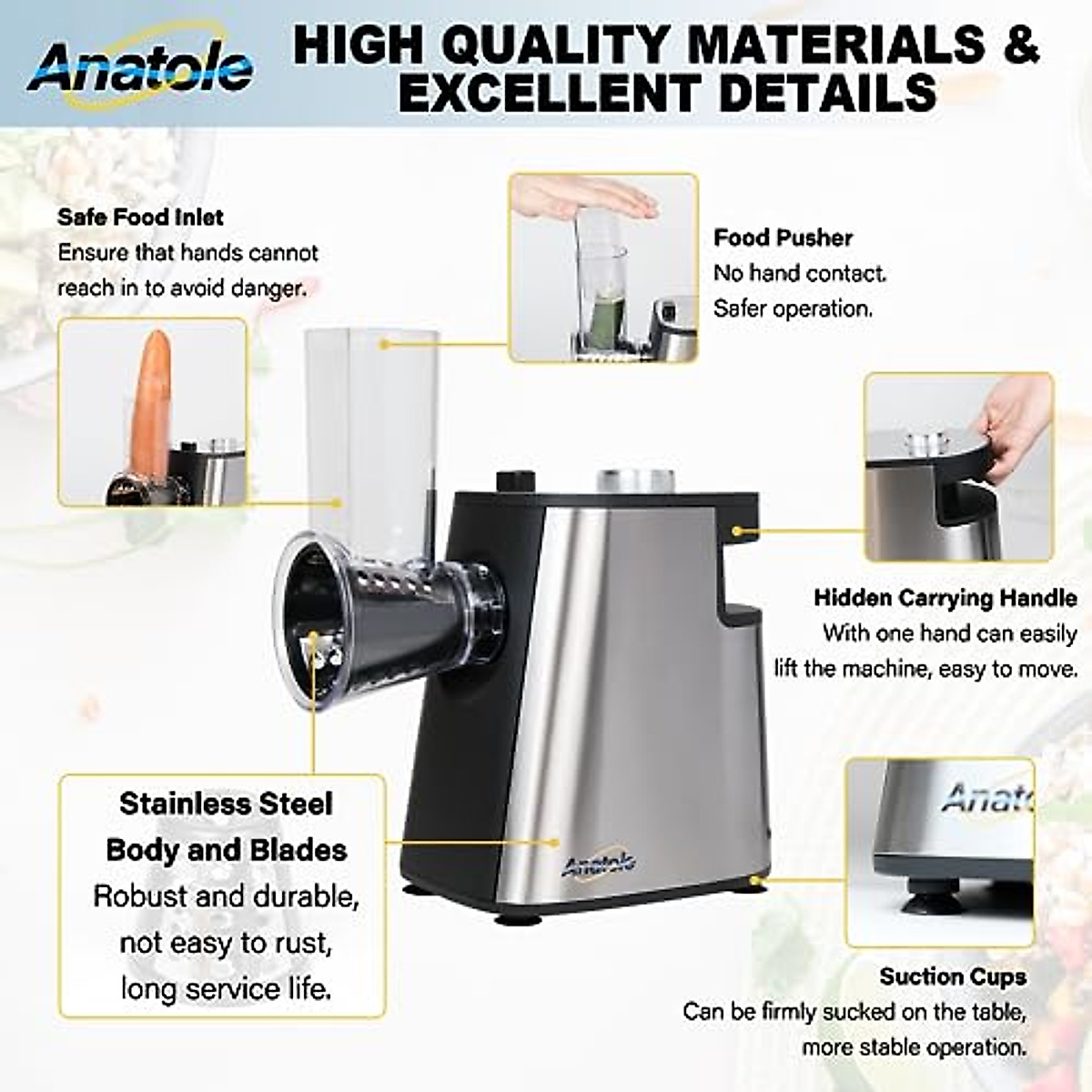 Anatole Electric Cheese Grater Shredder 250W Stainless Steel Automatic Vegetable Chopper Slicer Professional Salad Maker Food Processor Machine with 5 Blades for Home Kitchen BPA-Free 110V US-Plug