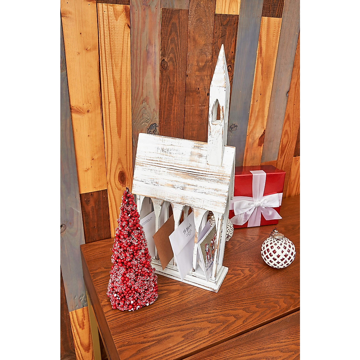 GALLERIE II 24" Rustic White Church Christmas Card Distressed Wood Mail Holder Xmas Festive Winter Holidays Table Tabletop Seasons Greetings Family Spiritual Wooden Home Decor Decoration Cream