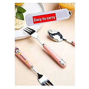 Meet Beauty Ding 1Set Stainless Steel Minnie Spoon Fork Set Pink Kid's Flatware with A Container Girl Children's Tableware Female Student's Cartoon Dinnerware Meal Tool（Made in China