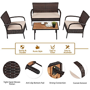 COSTWAY 4PCS Patio Rattan Furniture Set Outdoor Conversation Set Coffee Table w/Cushions