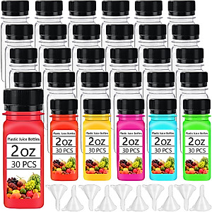 Haawooky 30PCS 2oz Small Plastic Shot Bottles with Caps,Reusable Clear Juice Containers,Empty Plastic Containers with 10 Funnels for Ginger Shots,Liquids,Beverages