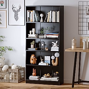 VICLLAX 5-Shelf Wood Bookcase, Wide Adjustable Open Bookshelf, Tall Display Storage Shelf for Living Room, Bedroom, Kids Room, Office, Black