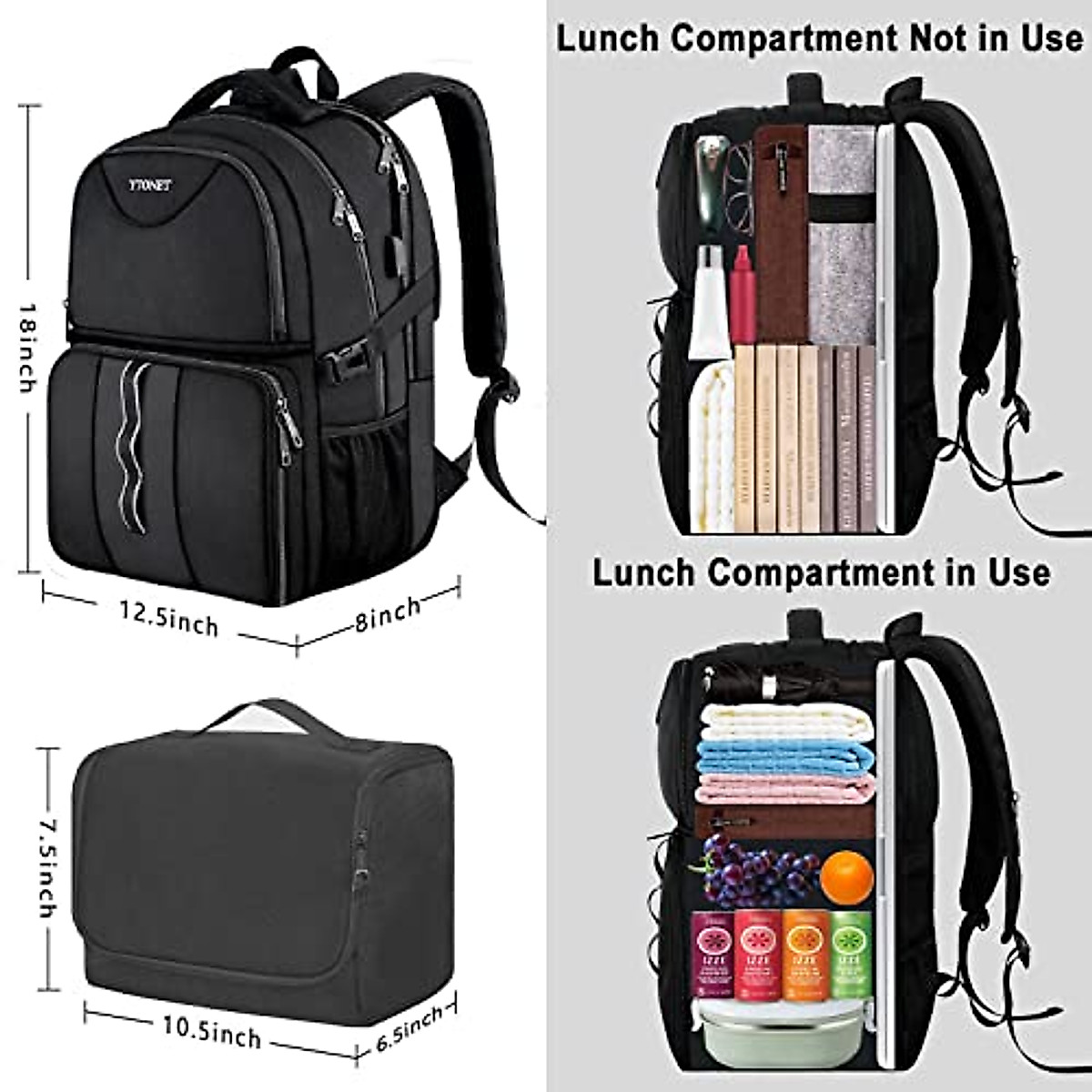 Lunch Backpack for Men, 15.6 Inch Laptop Backpack with Lunch Box, Insulated Cooler Backpack with USB Port, School Backpack Bookbag for College Work Commuter Picnic Gifts for Men Women, Black