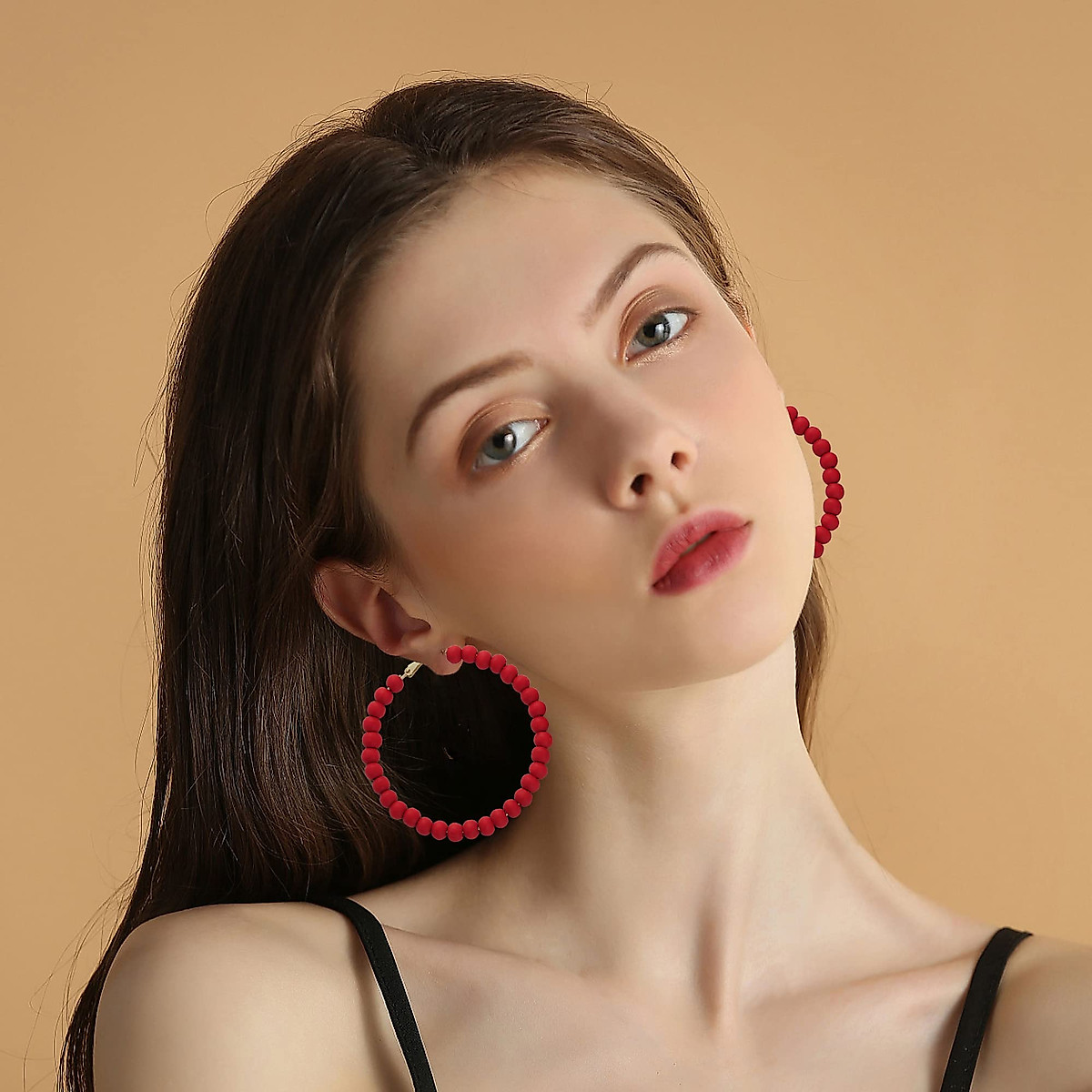 COIRIS Wooden Beaded Hoop Big Earrings Bohemian Circle Round Bead Earrings Circle Drop Dangle Earrings Jewelry For Women (ER1185-Red+Christmas)