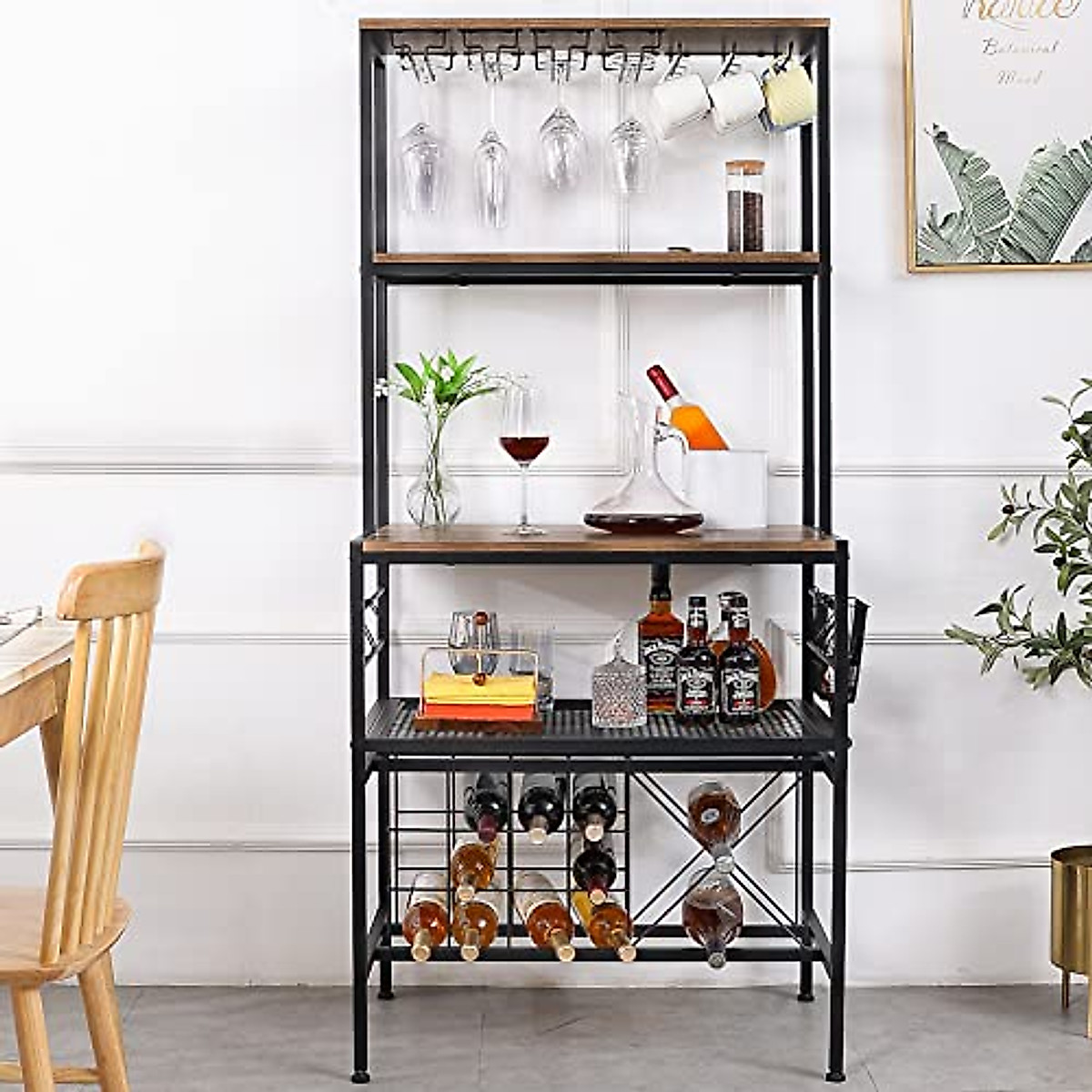 Coffee Bar Cabinet with Glass Holder,Wine Rack Freestanding Floor,Wine Rack Table with Mug Rack and Bottle Holder, Floor Liquor Wine Cabinet Storage, Multi-use Bar Cabinet for Home Kitchen Dining Room