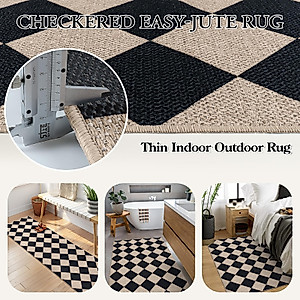 Lahome Checkered Easy Jute Area Rug, 3x5 Outdoor Patio Rug Washable Rugs for Entryway Diamond Indoor Outdoor Living Room Rugs, Farmhouse Neutral Non Slip Black Carpet for Backyard Bedroom