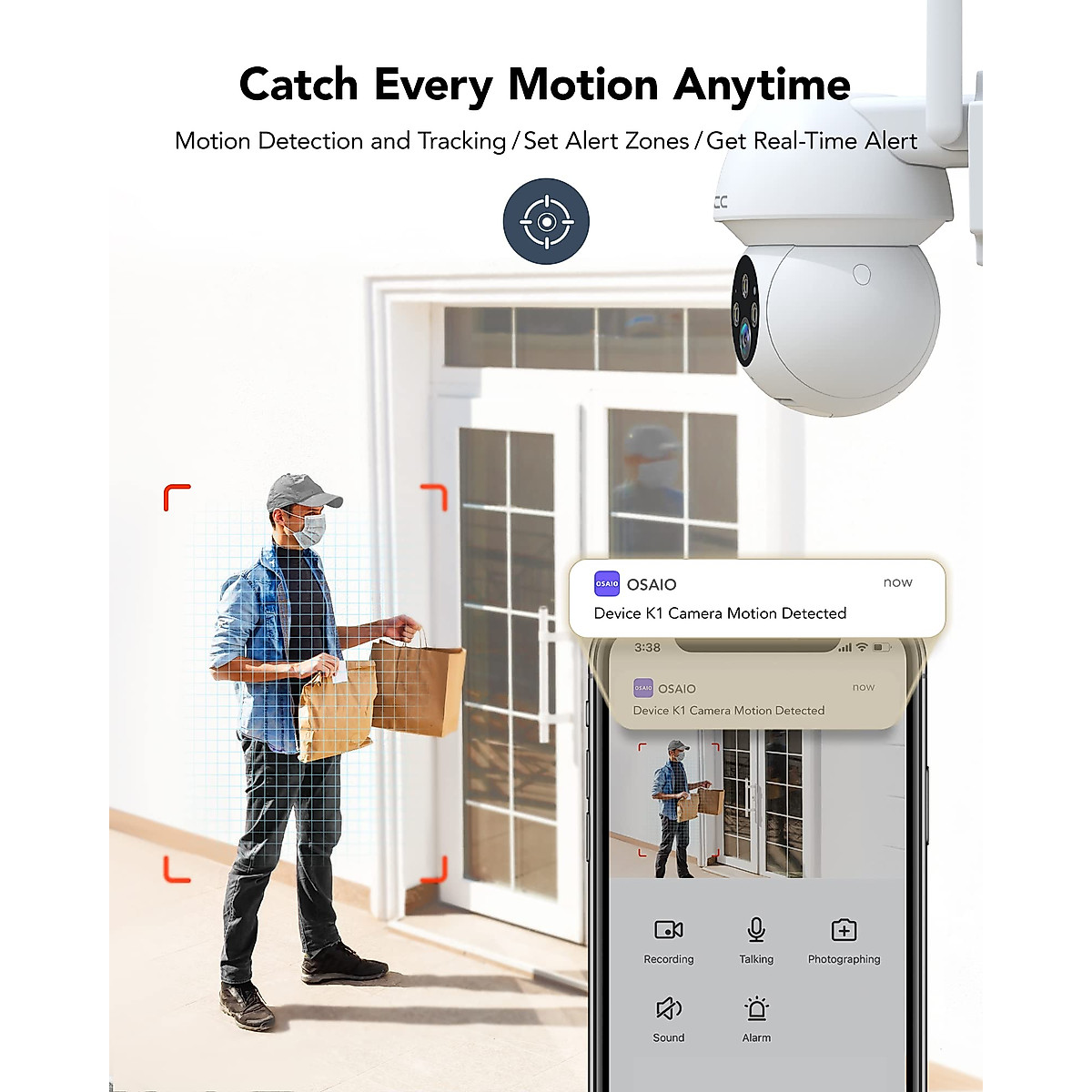 GNCC Security Camera Outdoor 2.4G WiFi Surveillance CCTV Camera, 360° PTZ Auto-Tracking Color Night Vision IP66 Waterproof Camera, Motion Detection Alarm, 2 Way Audio, APP Remote Control K1