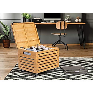 BirdRock Home Rolling File Storage Organizer Box with Lid (NEW VERSION) - Bamboo - Decorative Wood Hanging Filing & Storage Office Box - Letter/Legal - Strong Durable - Toys Blankets Binders - Natural