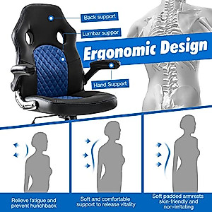 OLIXIS Gaming Ergonomic Office Desk Flip-up Armrests and Lumbar Support PU Leather Executive Mid Back Computer Chair for Adults, Blue