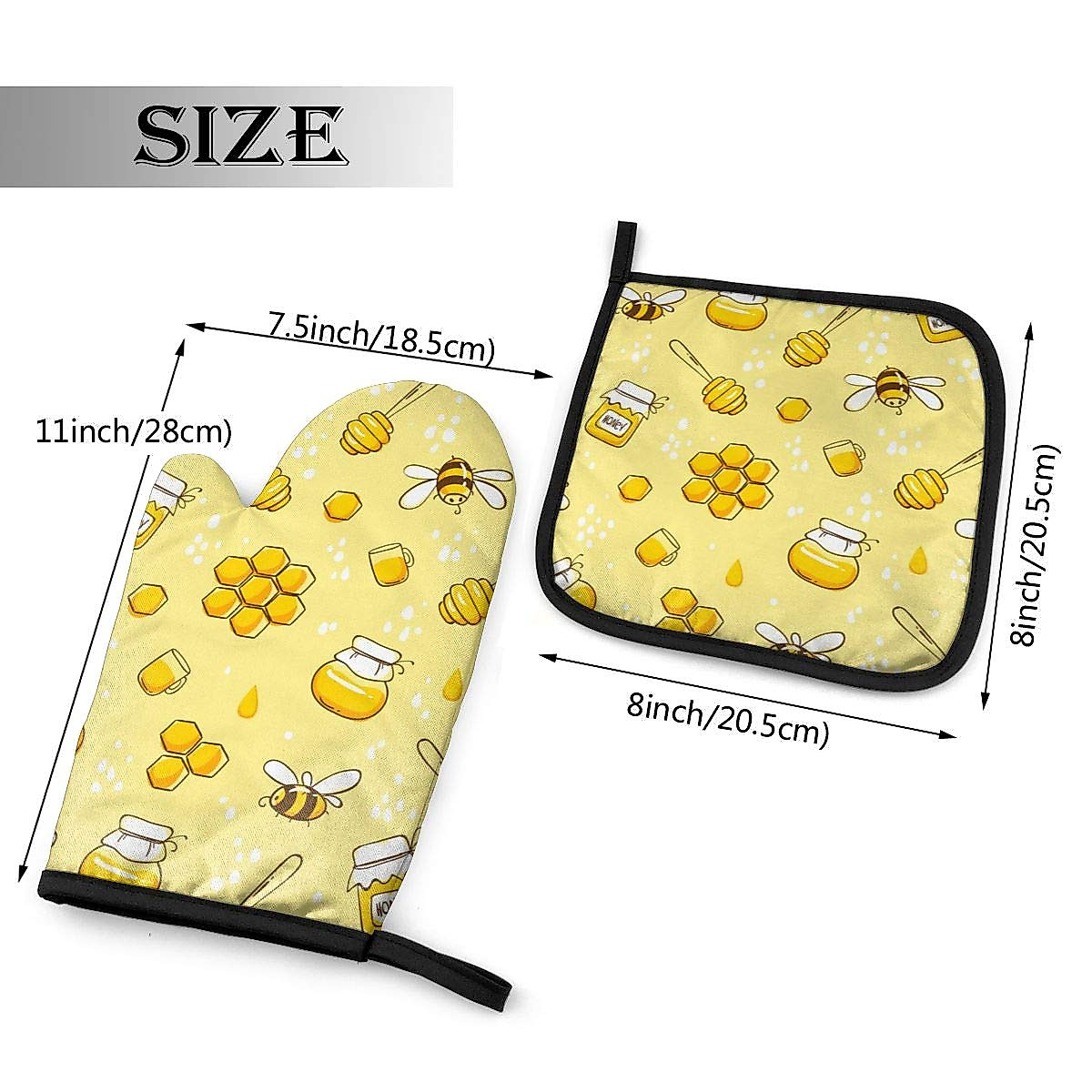 Bee Oven Mitts and Pot Holders Sets Heat Resistant Oven Gloves with Non-Slip Surface for Reusable for Baking BBQ Cooking