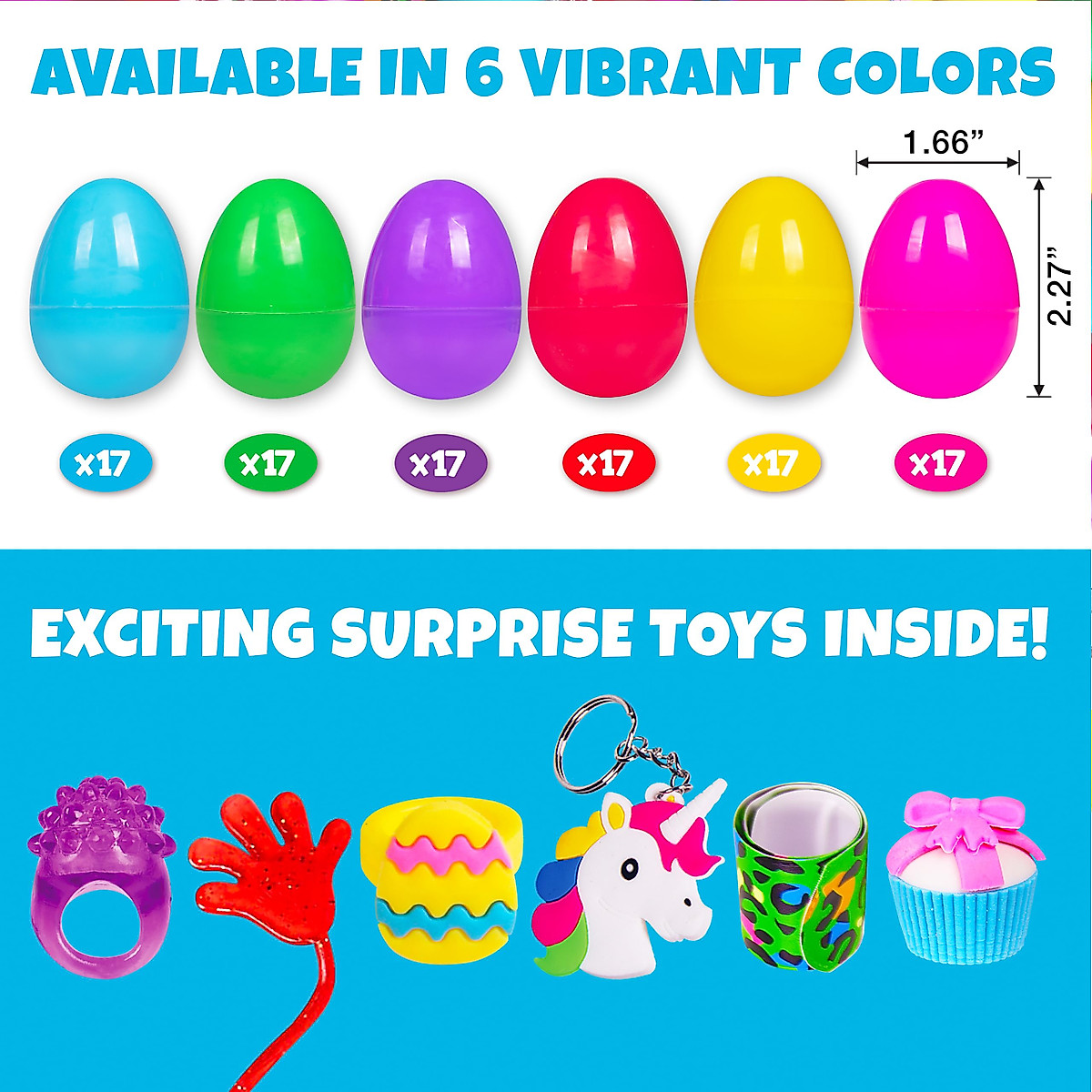 100-Pcs Easter Eggs with Toys Inside I Prefilled Easter Eggs Includes Slap Bracelets, Sticky Hands, Light Up Rings & More I Plastic Easter Egg Fillers for Your Easter Egg Hunt Bulk Easter Party Favors