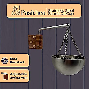 Pasithea Stainless Steel Sauna Oil Cup - Canadian Red Cedar Wall Mount and Adjustable Swing Arm - Sauna Accessories for Essential Oil Sauna Aromatherapy (Silver)