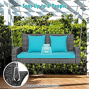 UIIAIOUIAIO 2-Person Wicker Hanging Porch Swing Bench, Front Porch Swing Outdoor Chair with Cushions 800lbs Weight Capacity for Backyard, Garden (Turquoise)