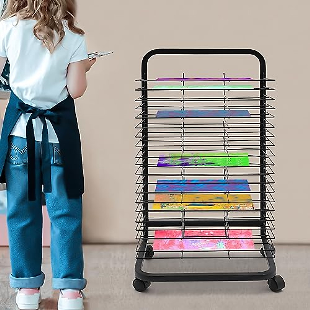 LUOSHALIYA 20 Layers Wire Art Drying Rack, Stackable Metal Stainless Steel Art Rack Power Coated with Pulleys, Flexible Shelves Mobile Cart for Painting Craft Artwork Canvas Storage