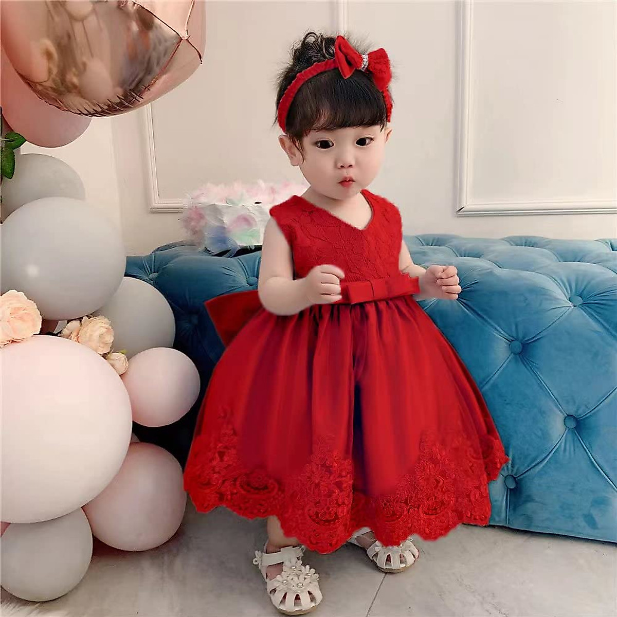 Newborn Baby Girls Formal Dress Infant Birthday Party Lace Frocks Easter Dresses with Headwear (Red 8348,3M)