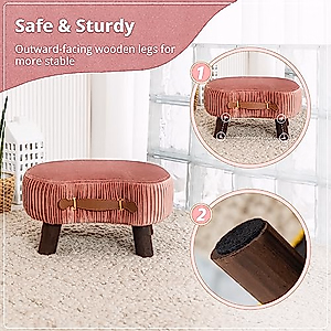 Small Curved Foot Stool with Handle, Pink Velvet Footstool and Ottomans, Modern Foot Rest with Wooden Legs, Step Stool with Padded Seat for Couch, Living Room