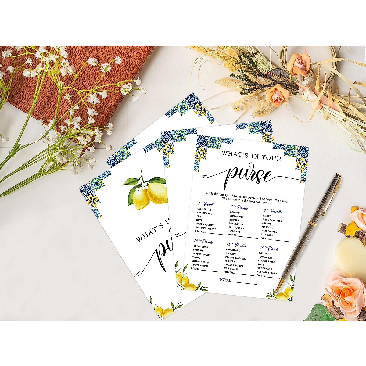 Blue Tiles and Lemons What's In Your Purse Game for 30 Guests with Game Cards, Lemons Bridal Shower Game, Modern Bridal Shower Decorations, Wedding Shower or Bachelorette Party Supplies - 02