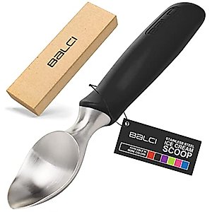 BALCI Ice Cream Scoop - Heavy Duty Stainless Steel Icecream Scooper With Non-Slip Rubber Grip - Professional Metal Ice-Cream Spade - Dishwasher Safe – Black