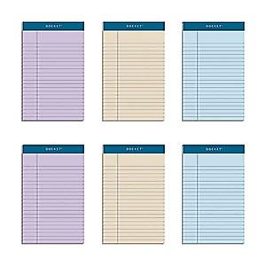 TOPS Docket Writing Tablet, 5 x 8 Inches, Perforated, Assorted Colors: Orchid, Ivory, Blue, Narrow Rule, 50 Sheets per Pad, 6 Pads per Pack (99601)