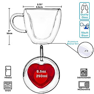 HCA Outdoors Double Walled Glass Coffee Mugs, 8.5oz/250ml Insulated Espresso Cups, Teacup, Clear Glasses Cappuccino Mug (Set of 2) Heart Shaped