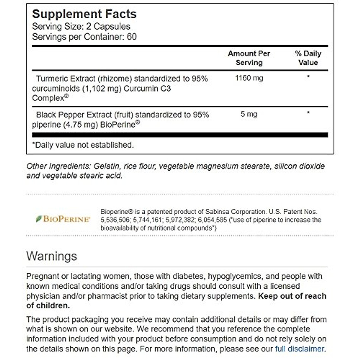 Vitacost Turmeric Extract Curcumin C3 Complex with Bioperine - 1,160 mg per Serving - 120 Capsules