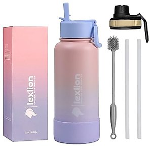 lexlion Water Bottle 32oz, Triple Walled Insulated Stainless Steel Reusable Bottle, Silicone Sleeve, 2 Lids (Spout lid & Straw lid w/2 straw), Metal Mug Gallon, BPA Free, Pinky