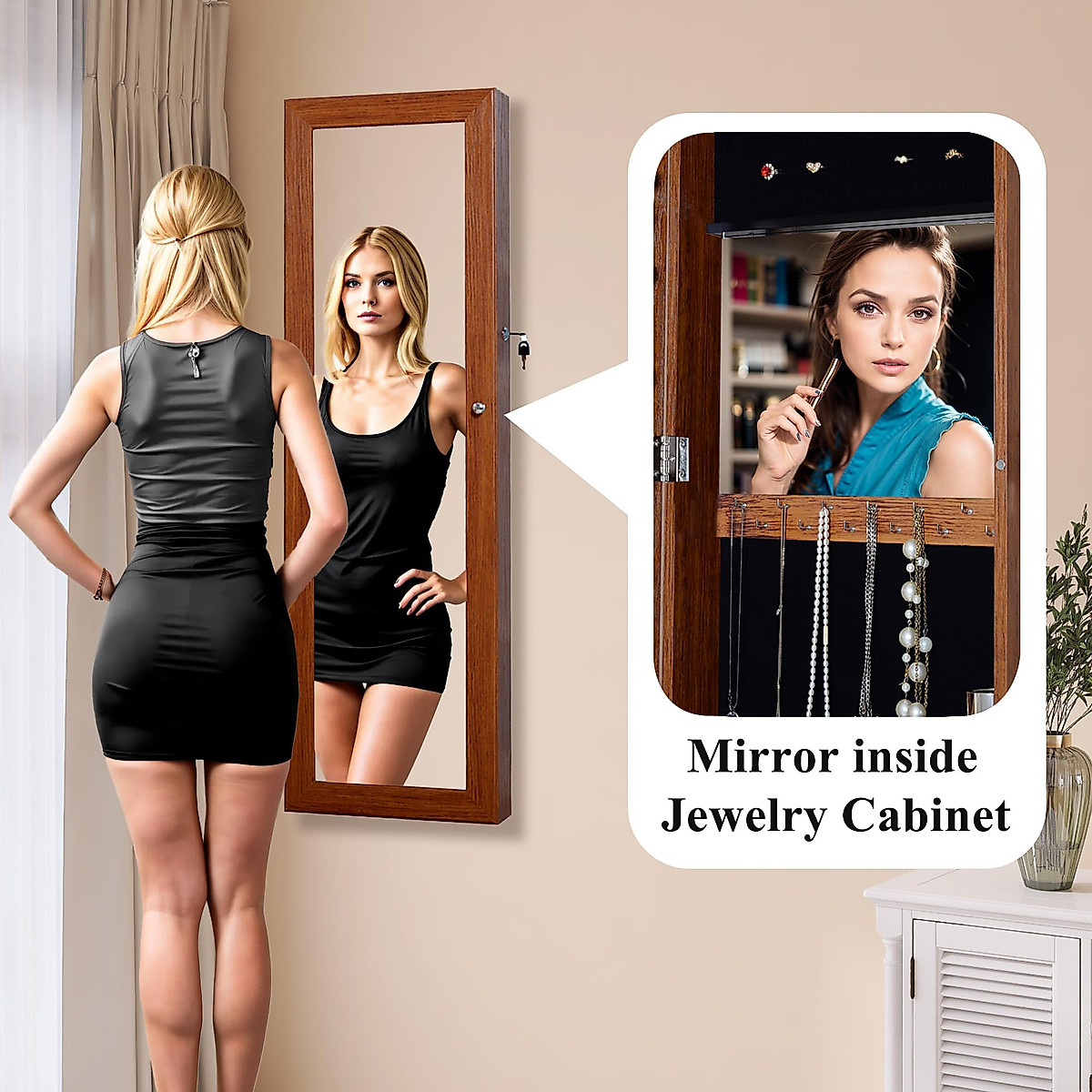 Brefhome Jewelry Armoir, Brown Wood Full Length Mirror Jewelry Cabinet with Storage, Necklace Organizer, Hanging Jewelry Holder Organizer Box