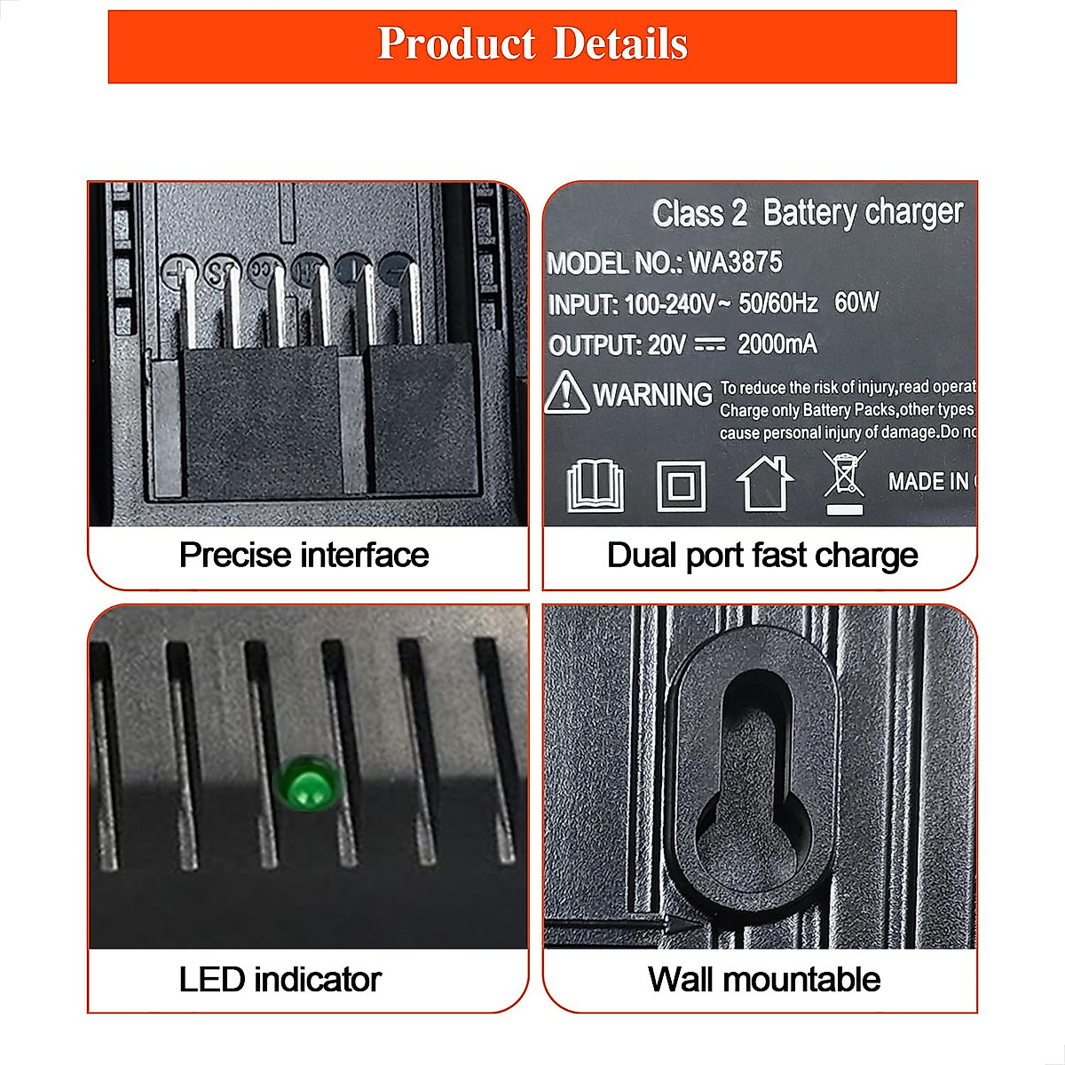 UNGINO WA3875 Replace Worx 20v Lithium Battery Charger Compatible with Worx 20v Batteries Wa3757 Wa3578 WA3525 Wa3522 WA3544 Etc