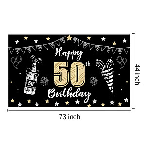 50th Birthday Banner Backdrop Decorations for Men Women, Black Gold Happy 50 Birthday Sign Party Supplies, Fifty Years Old Birthday Photo Background Poster Decor(72.8 x 43.3 Inch)