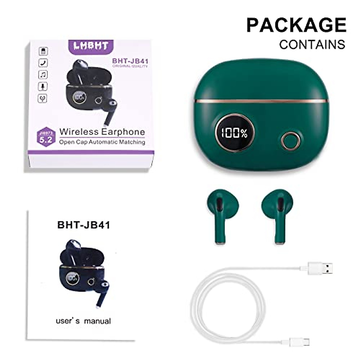 LHBHT Bluetooth Wireless Earbuds,Noise Cancelling True Wireless Earbuds,Touch Control Earbud & in-Ear Earbuds,Earbuds Includes Compact Type C Charging Case Fast Charging,Perfect for Work Travel Sport