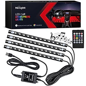Nilight 48 LEDs DC 5V Multicolor Music Car Strip Light Under Dash Lighting Kit with Sound Active Function and Wireless Remote Control, 2 Years Warranty, 4PCS USB Interior Lights