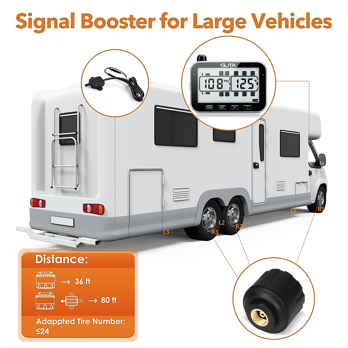 RV Tire Pressure Monitoring System, RV TPMS, 6 Sensors, 7 Alarm Modes, 14 Days Battery Life, 80ft Sensing Distance, Large Screen, for RV, Trailer, Coach, Motor Home, Fifth Wheel, (0-188psi) (-4~ 185℉)