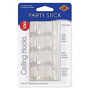 Beistle 8 Piece White Plastic Ceiling Hooks With Removable Adhesive For Hanging Party Decorations, Easy To Use, 1" x 1"