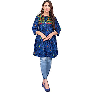 IshDeena Pakistani Kurtis for women Indian Style Cotton Tunics Womens Tops Printed Lawn (Small, Midnight Blue)