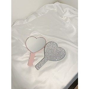 TISHAA Bling Rhinestone Adorable Heart Dazzling Handheld Mirror, Perfect for Makeup Touchup On The Go (Pink)