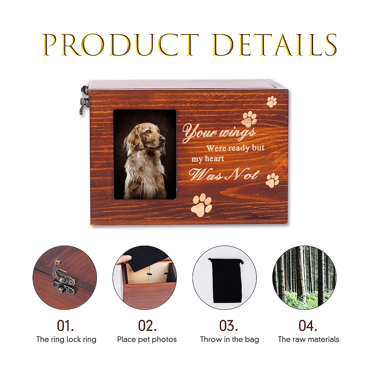 Pet Urns for Dogs or Cats Ashes, Loss Pet Memorial Remembrance Gift, Personalized Photo Frame Urns Wooden Memorial Keepsake Cat or Dog Memory Box with Black Flannel as Lining (157 Cubic Inches)