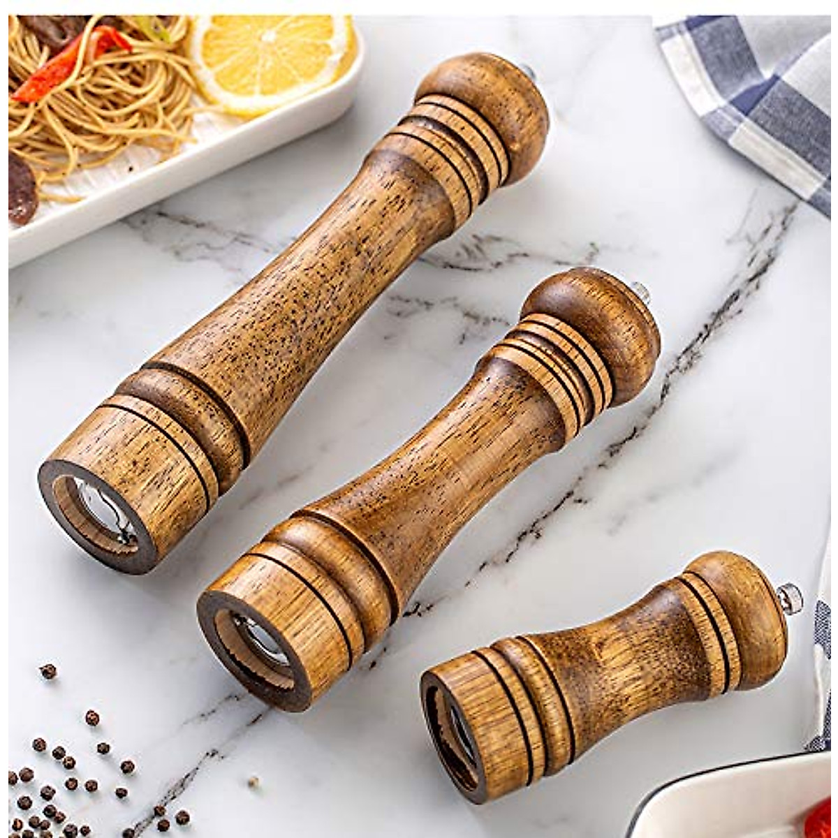 Wood Pepper Grinder Pepper Mill,Adjustable Coarseness Wooden Peppermill, Ceramic Grinding Mechanism Salt Mill Refillable - 8 inch