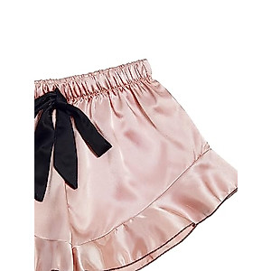 LYANER Women's Satin Silk 2pcs Set Pajamas V Neck Cami Top With Self Tie Shorts Pj Sst Sleepwear Dusty Pink Medium