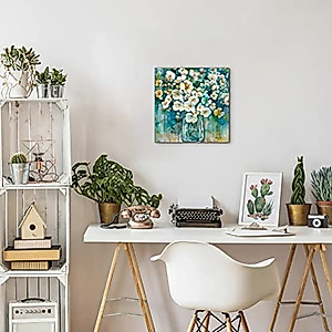 Bathroom Decor Canvas Print Picture Wall Art Teal Blue Theme modern home flower artwork suitable for dining room, bedroom, bathroom, office wall decoration