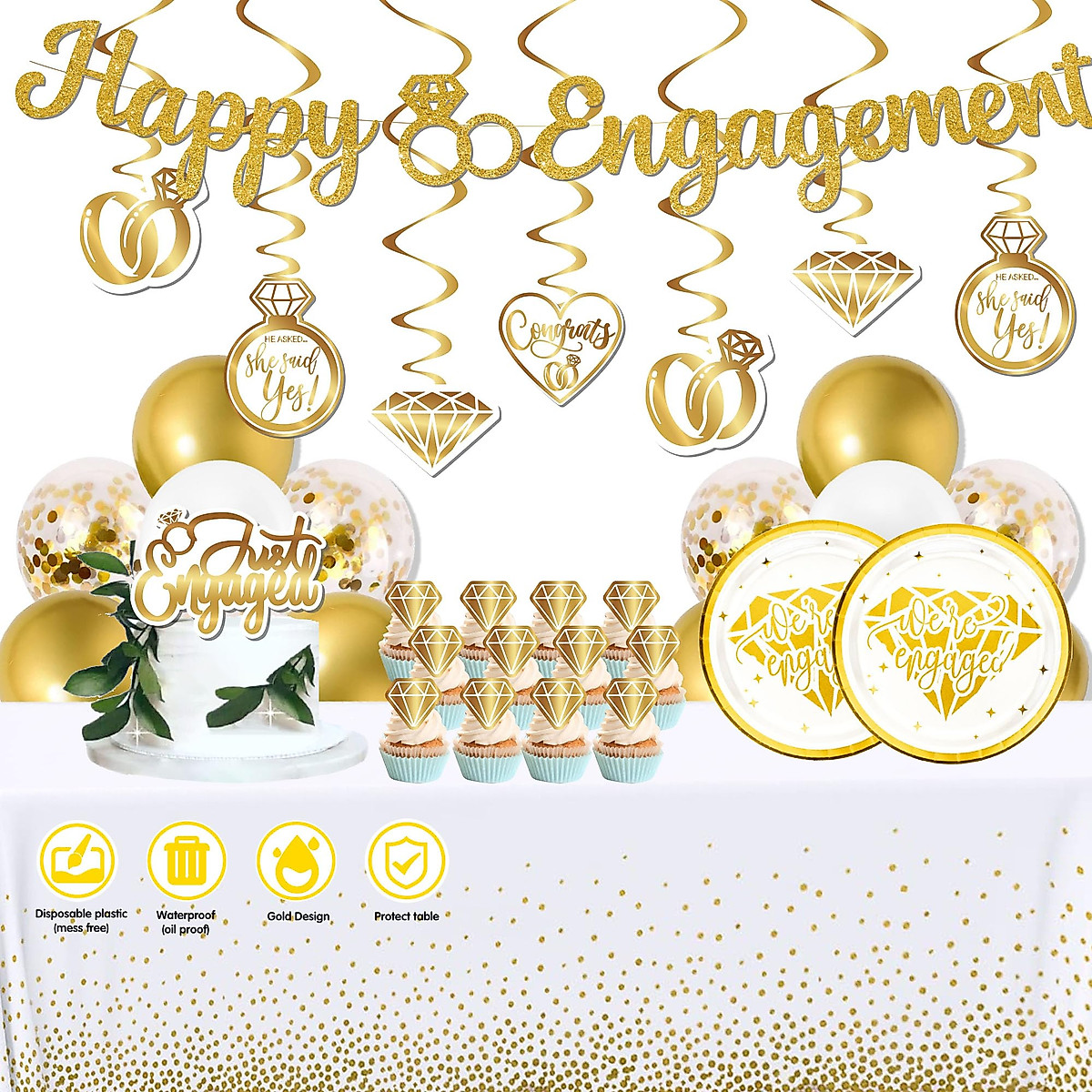gold engagement party decorations - (Total 90pcs) Glitter happy Engaged Banner, MR and MRS Balloons, Hanging Swirl,balloons, Ring Balloons for Wedding Engagement Party Decor