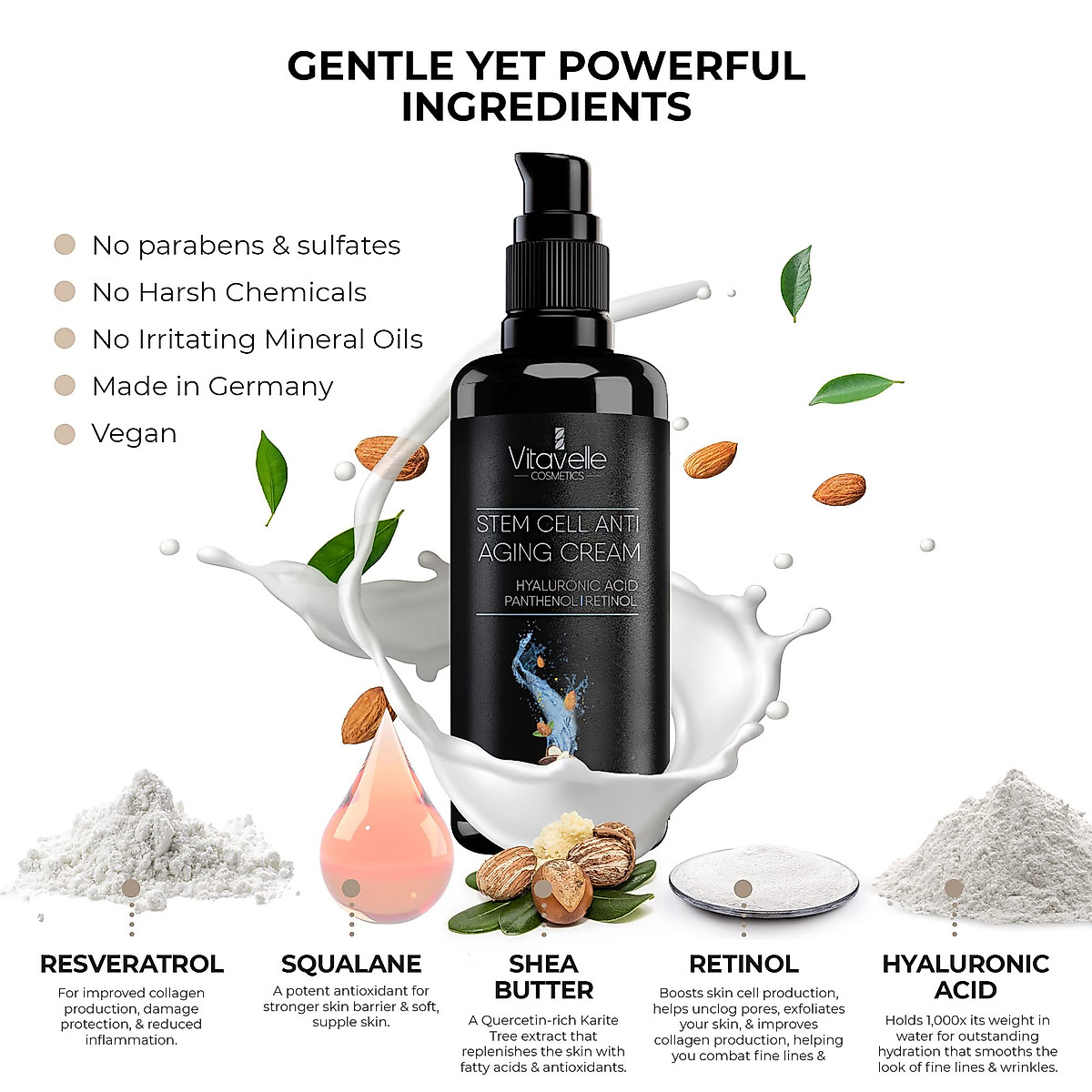 VITAVELLE Stem Cell Face Cream - Hyaluronic Acid, Shea Butter & Jojoba - Anti-Wrinkle, Hydrating Moisturizer for Smooth Skin