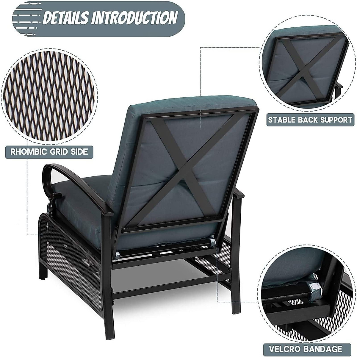 Crownland Outdoor Patio Furniture Adjustable Reclining Lounge Chair Set, Patio Black Metal Recliner with Peacock Blue Removable Cushion (2 Pieces)