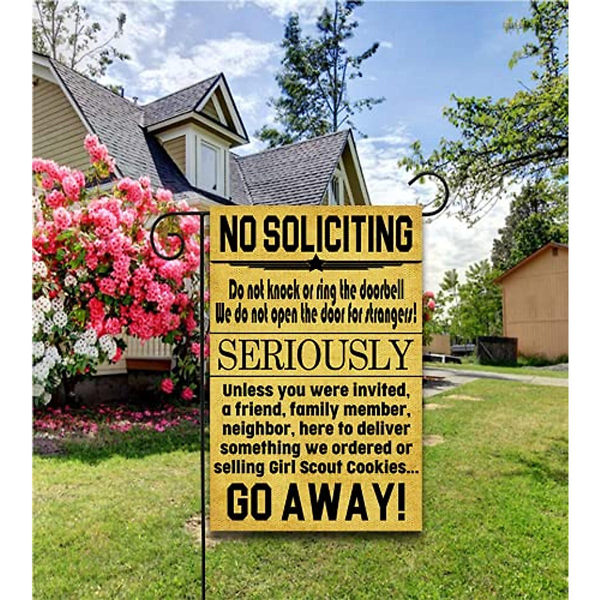 Funny No Soliciting Flag Homeowners Flag Funny Go Away Flag Funny Garden Flag No Soliciting Sign mothers day House Gift Decor Yard Decor Outdoor Decor Double Sided Flax Garden Flag 12" x 18"