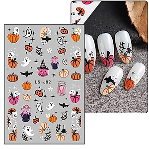 JMEOWIO 9 Sheets Halloween Nail Art Stickers Decals Self-Adhesive Pegatinas Uñas Pink Skull Ghost Witchy Spider Web Bat Pumpkin Horror Spook Nail Supplies Nail Art Design Decoration Accessories