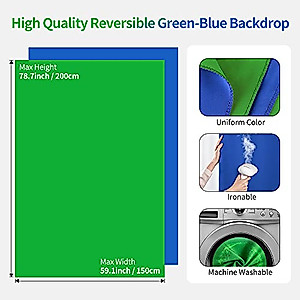 Hemmotop Green Screen Backdrop with Stand Kit 5x6.5ft for Zoom, 2-in-1 Reversible Blue Screen and Green Screen with Portable T-Shaped Background Support Stand, 5 x Backdrop Clip