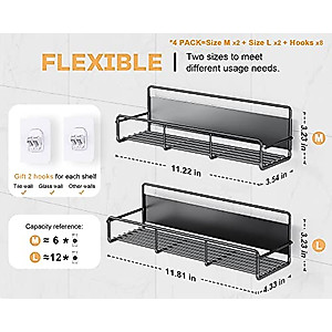 Trouwids Magnetic Spice Rack for Refrigerator, 4 Pack Magnetic Shelf Spice Rack Organizer, Metal Magnetic Fridge Shelf with 8 Hooks for Kitchen Fridge Magnet Organizer for Spice Storage (4 Pack, Black)