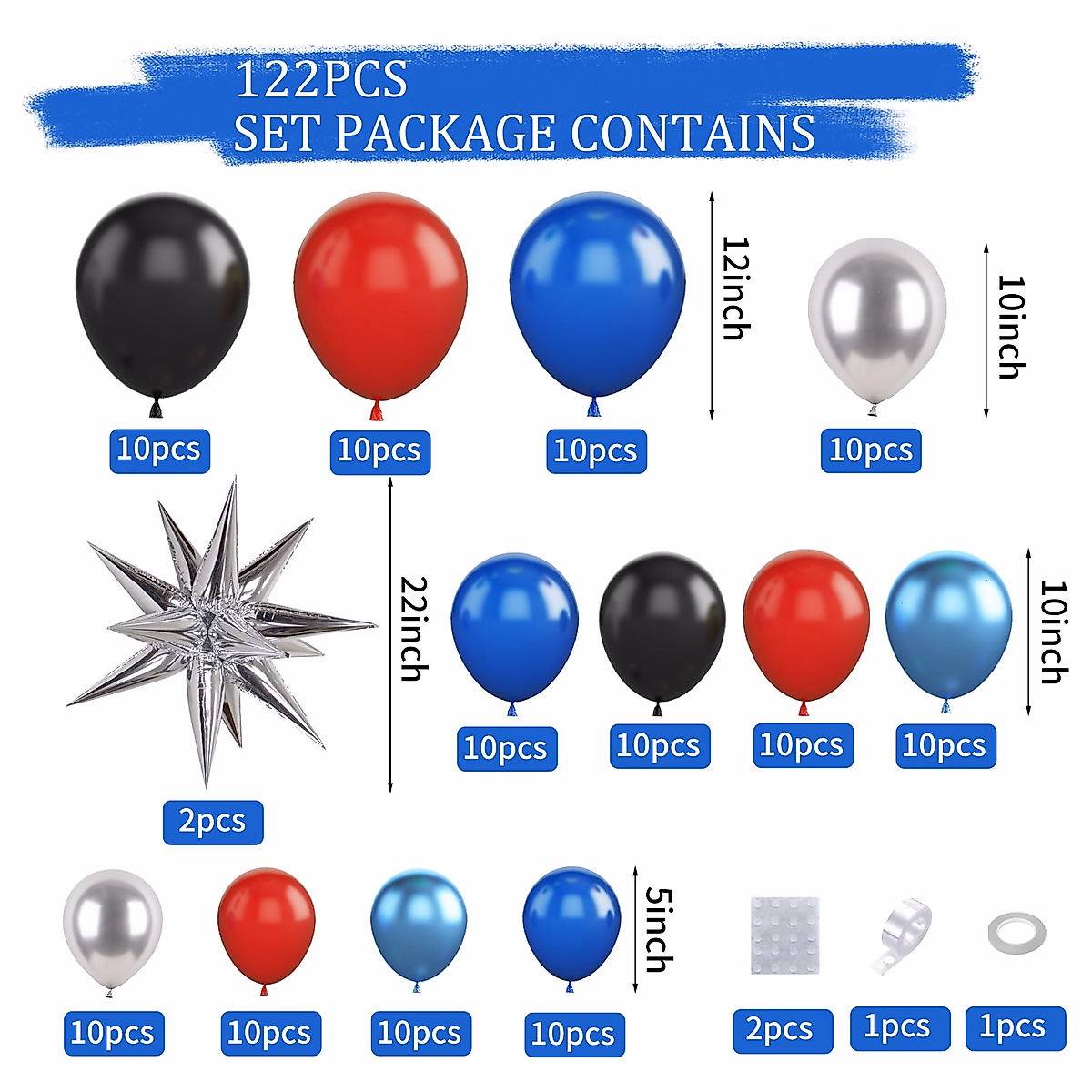 GREMAG Red Blue Black Balloon Arch, 122 Pcs Spider Theme Balloon Garland Kit, Royal Blue and Metallic Silver Blue Balloons with Two Silver Explosion Star Foil Balloon, for Boys Hero Theme Party Decor