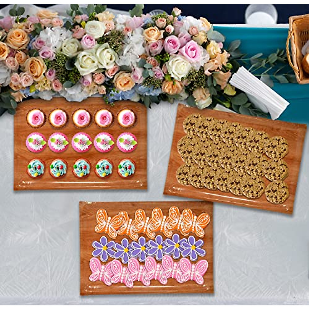 10 Wood Rectangle Trays Rustic Brown Wooden Look Serving Platters 10.75" x 15.75" Heavy Duty Disposable Paper Cardboard Tray for Dessert Cupcake Display Birthday Parties Weddings Table Decor & More
