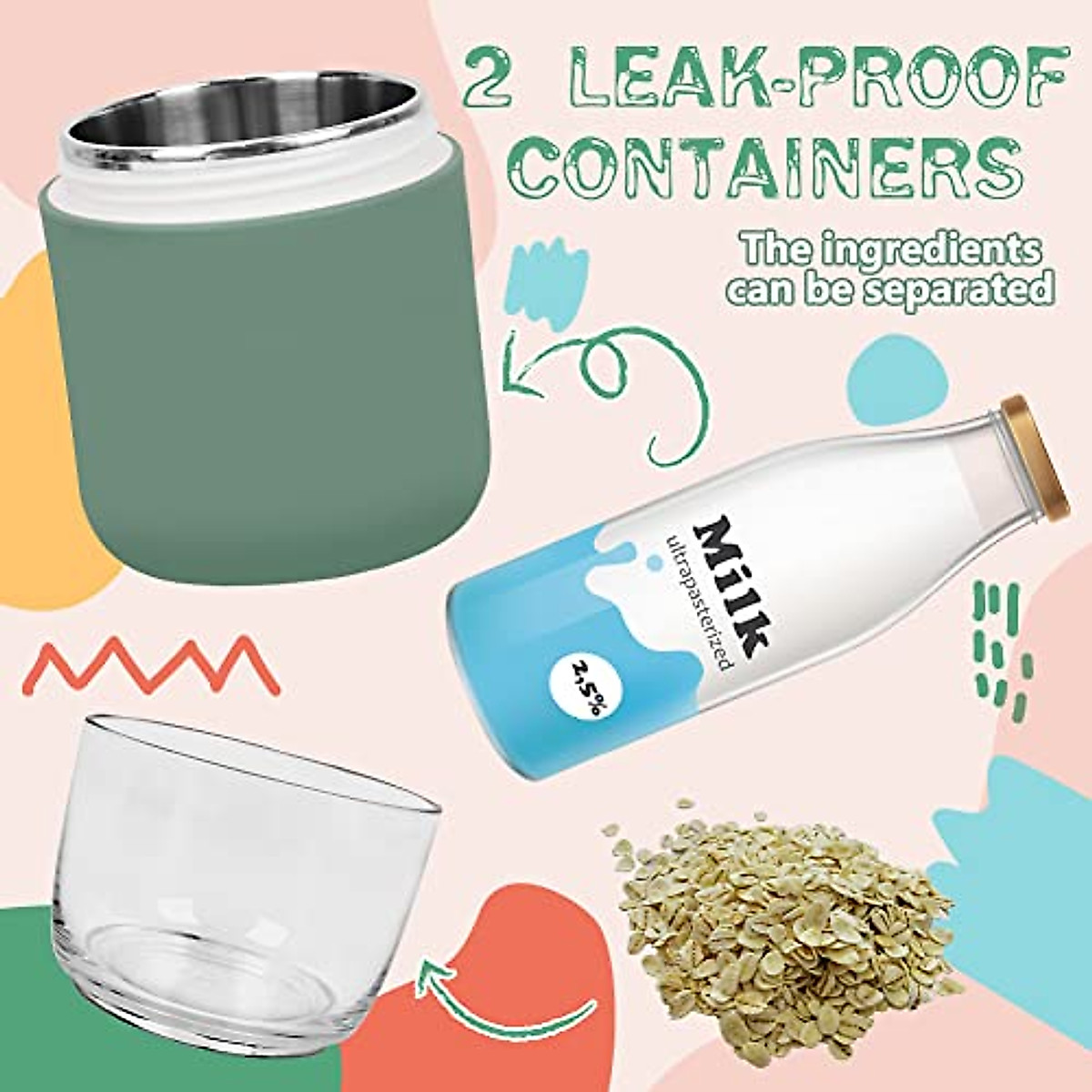 UHAPEER Oatmeal Yogurt Container, Overnight Oats Containers with Lids and Spoon, Stainless Steel Insulated Food Container, 2-Tier Cereal Cup On the Go, Parfait Cup Milk Container for Breakfast Lunch